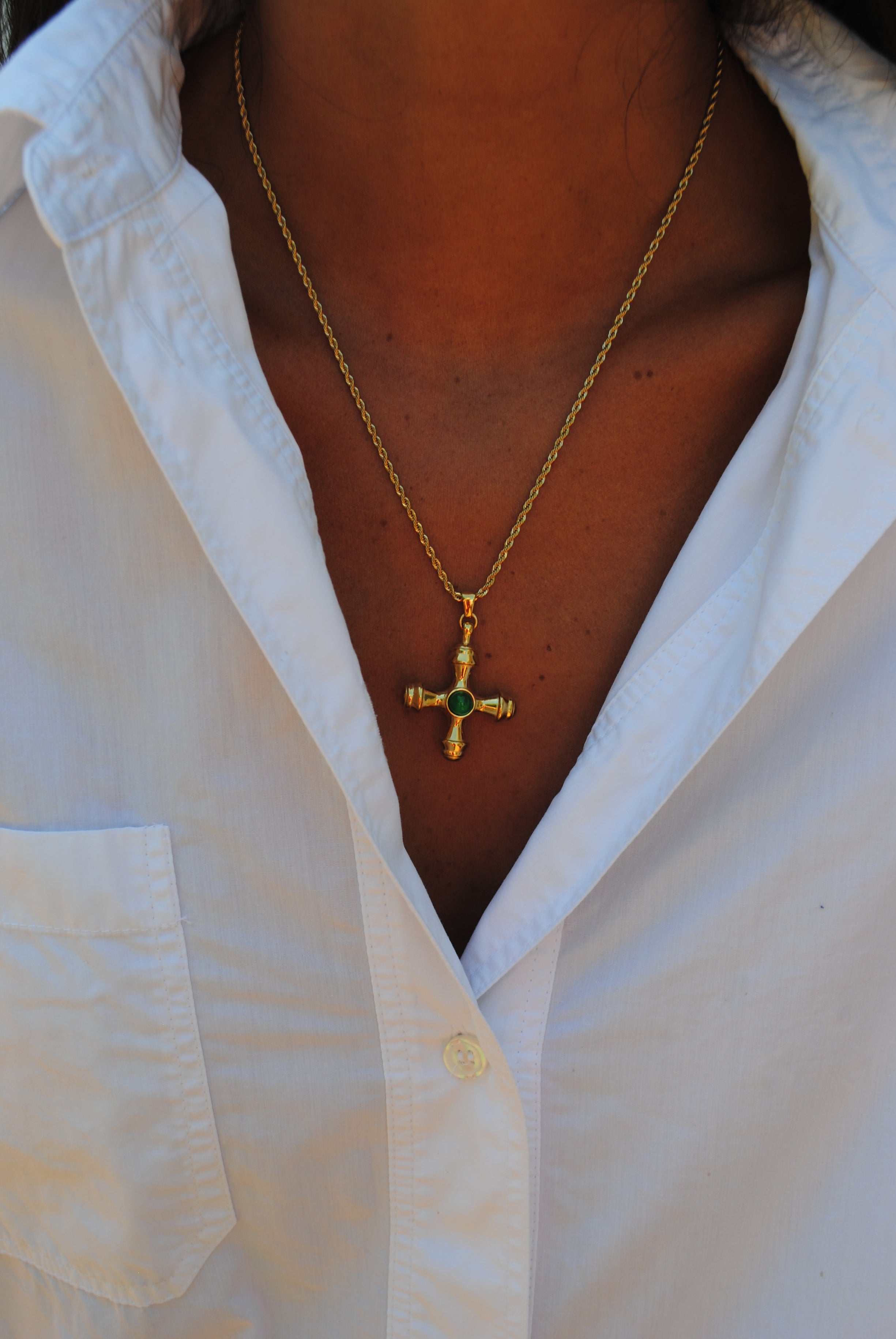 Collar Cruz Vintage - Collar cruz gruesa cadena cordón piedra verde ...